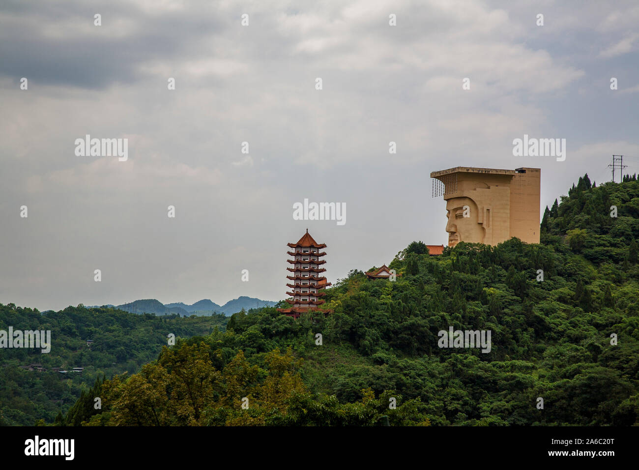 Giant head Ghost King temple in hillside at Ghost City of Fengdu China ...