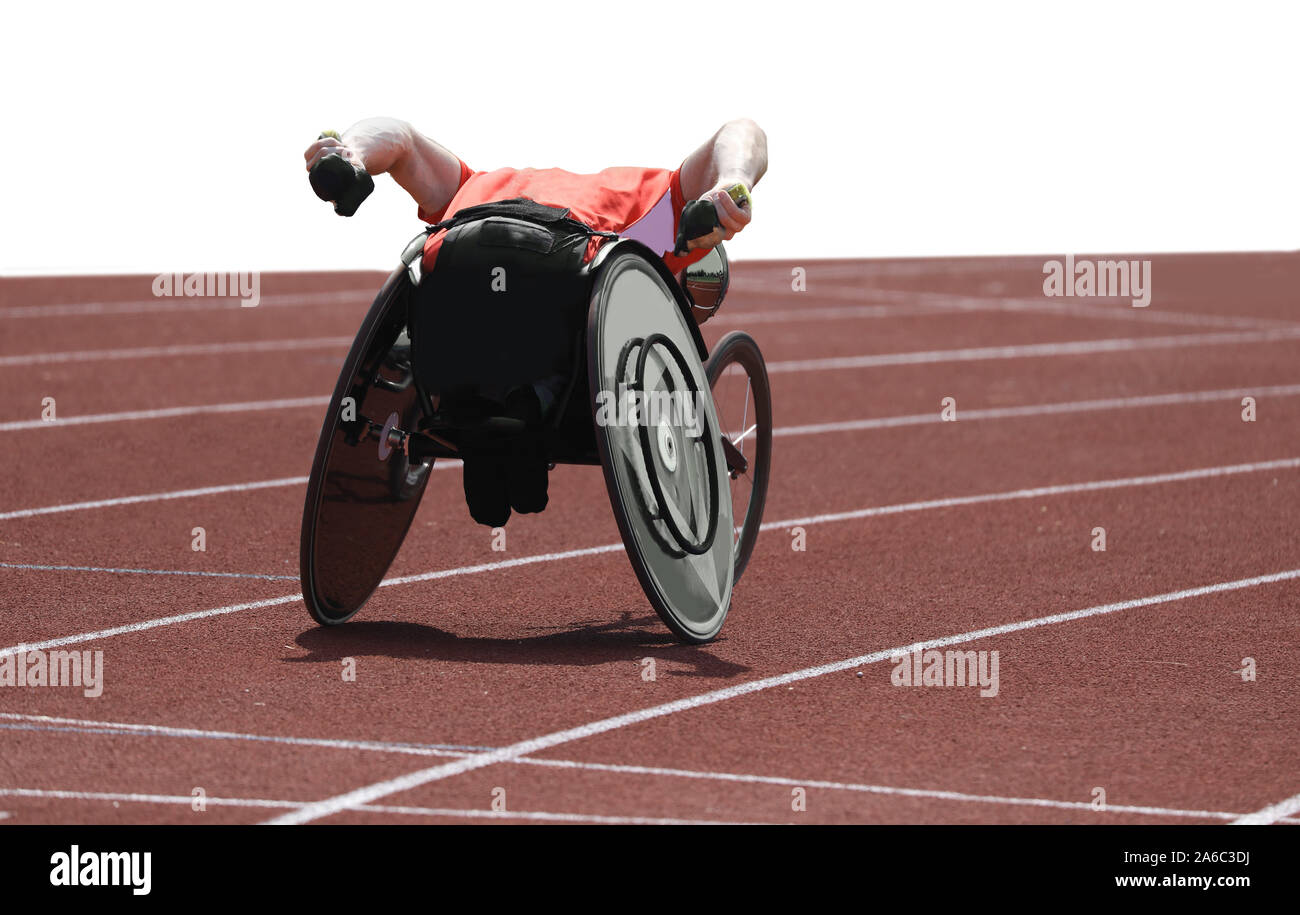athlete on special wheelchair on the running track during the sport ...