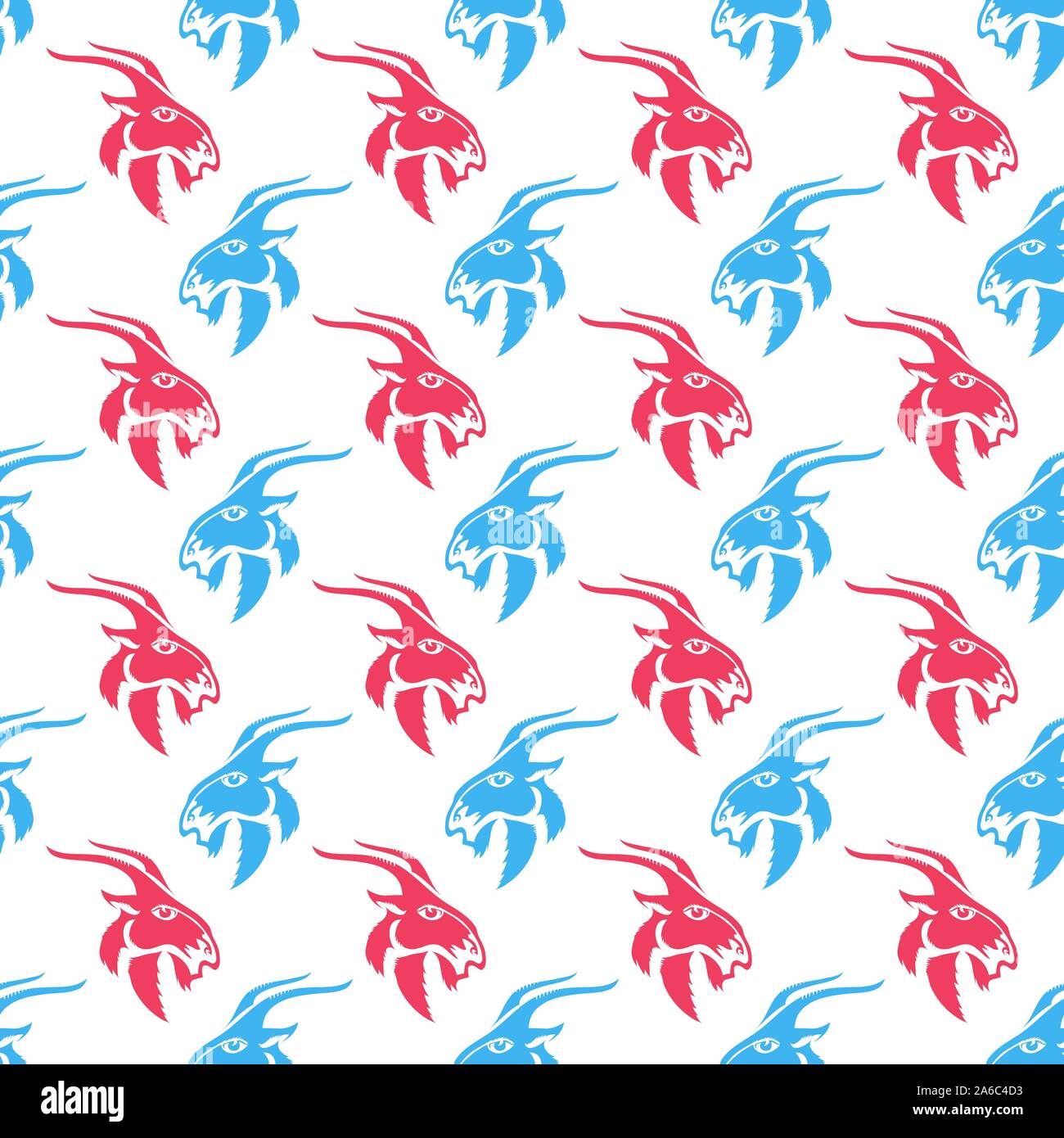 Horned Goats Seamless Pattern Isolated on White Background. Red Blue Silhouette of Ram Stock ...
