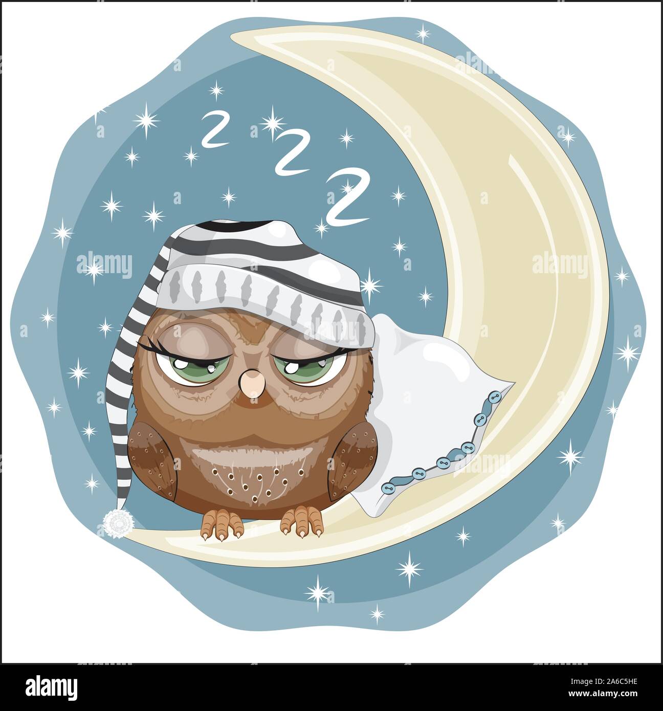 fairy tale Owl with green eyes in cap, sleep on the moon in night sky ...