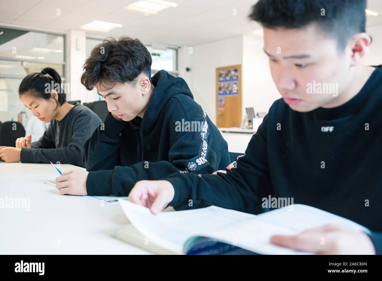 International overseas students sitting in a University library reading ...