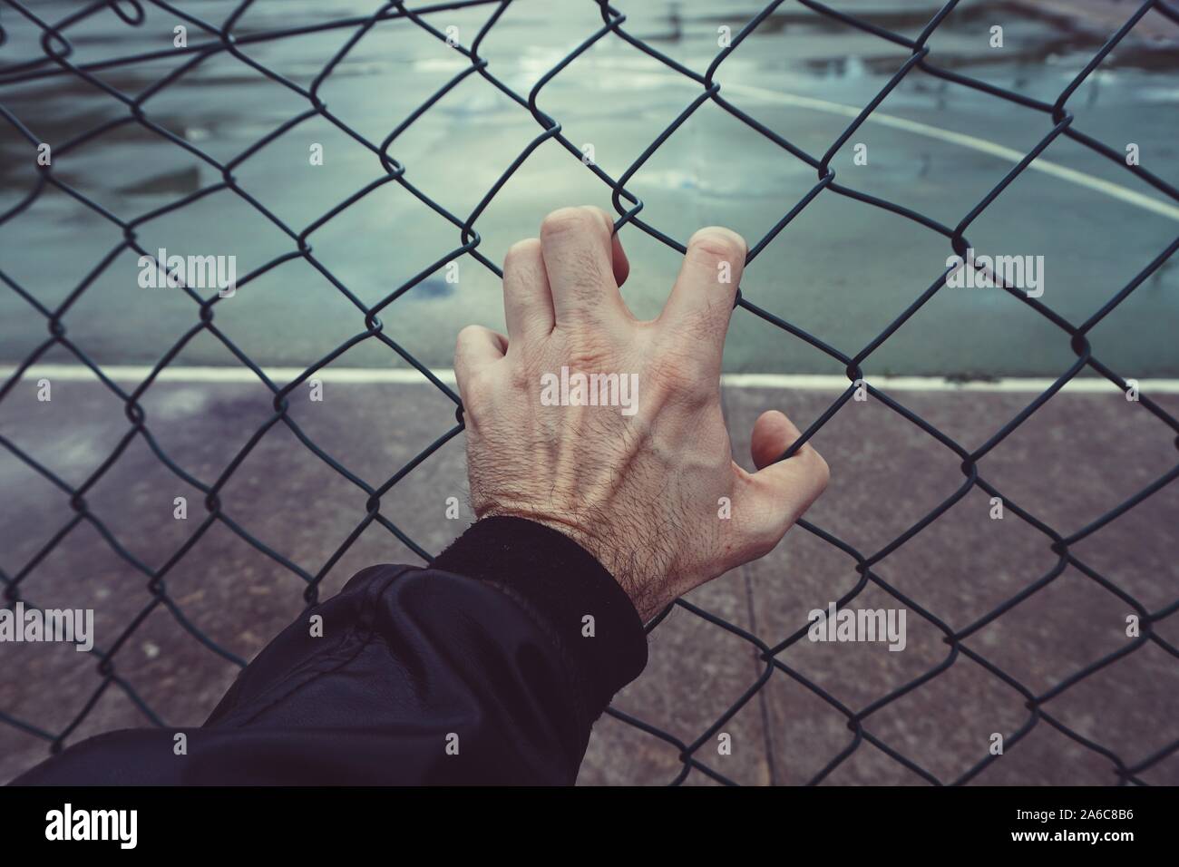man hand grabbing a metallic fence Stock Photo - Alamy