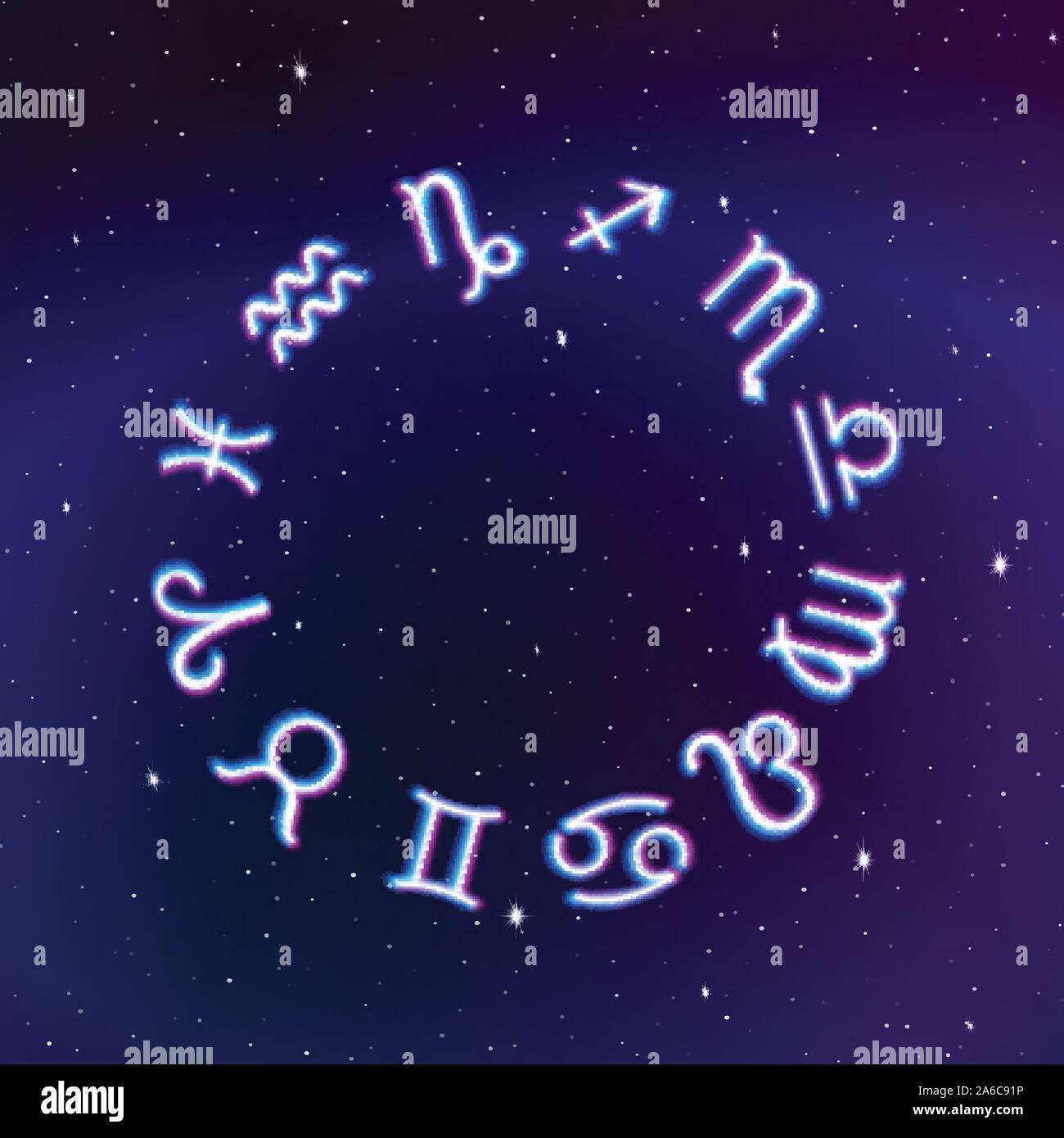 Astrology Zodiac signs wheel with twelve neon symbols in space Stock ...