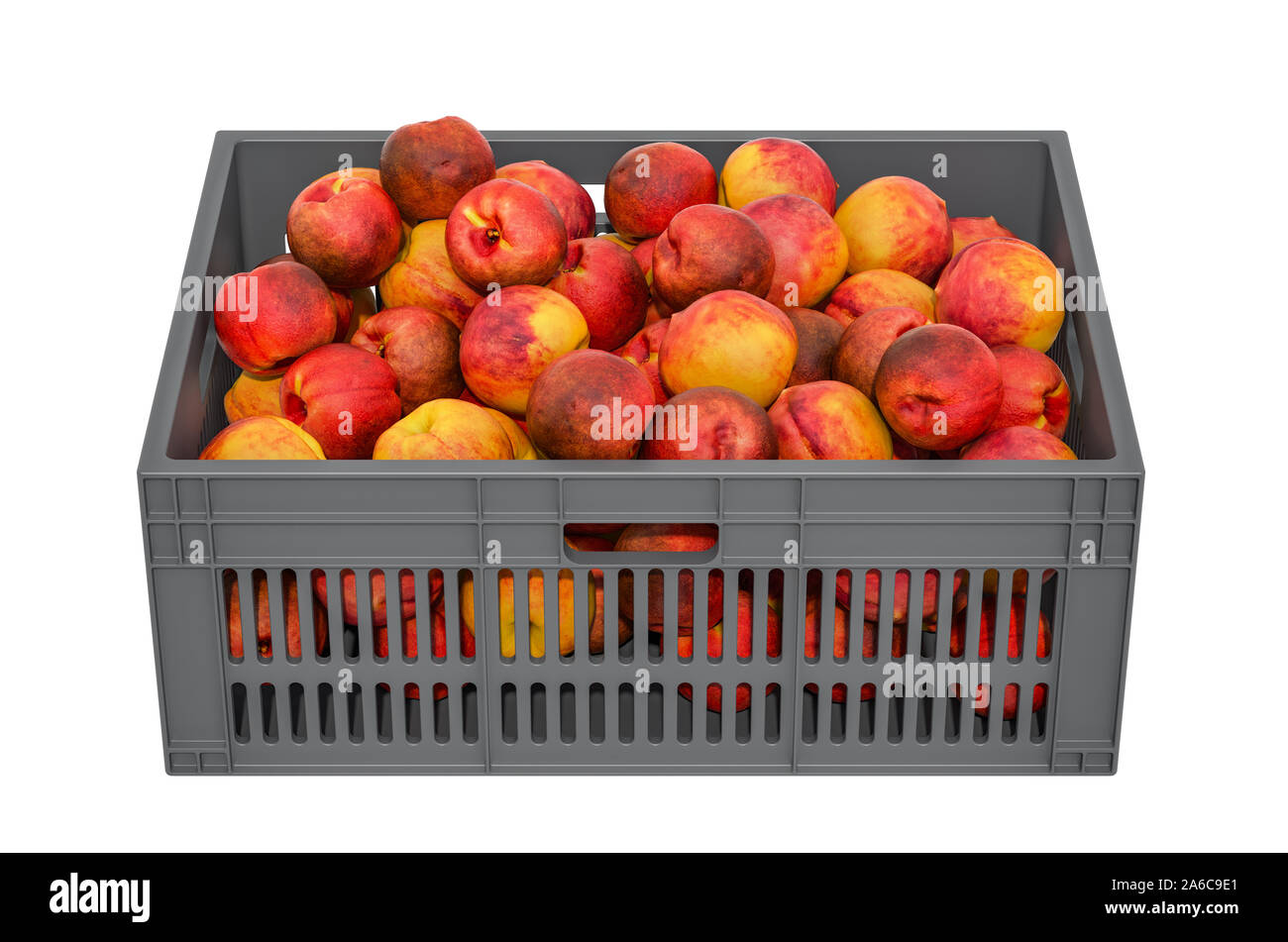 Peaches in the plastic crate, 3D rendering isolated on white background ...