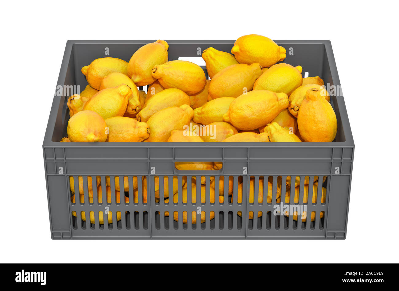 Lemons in the plastic crate, 3D rendering isolated on white background ...