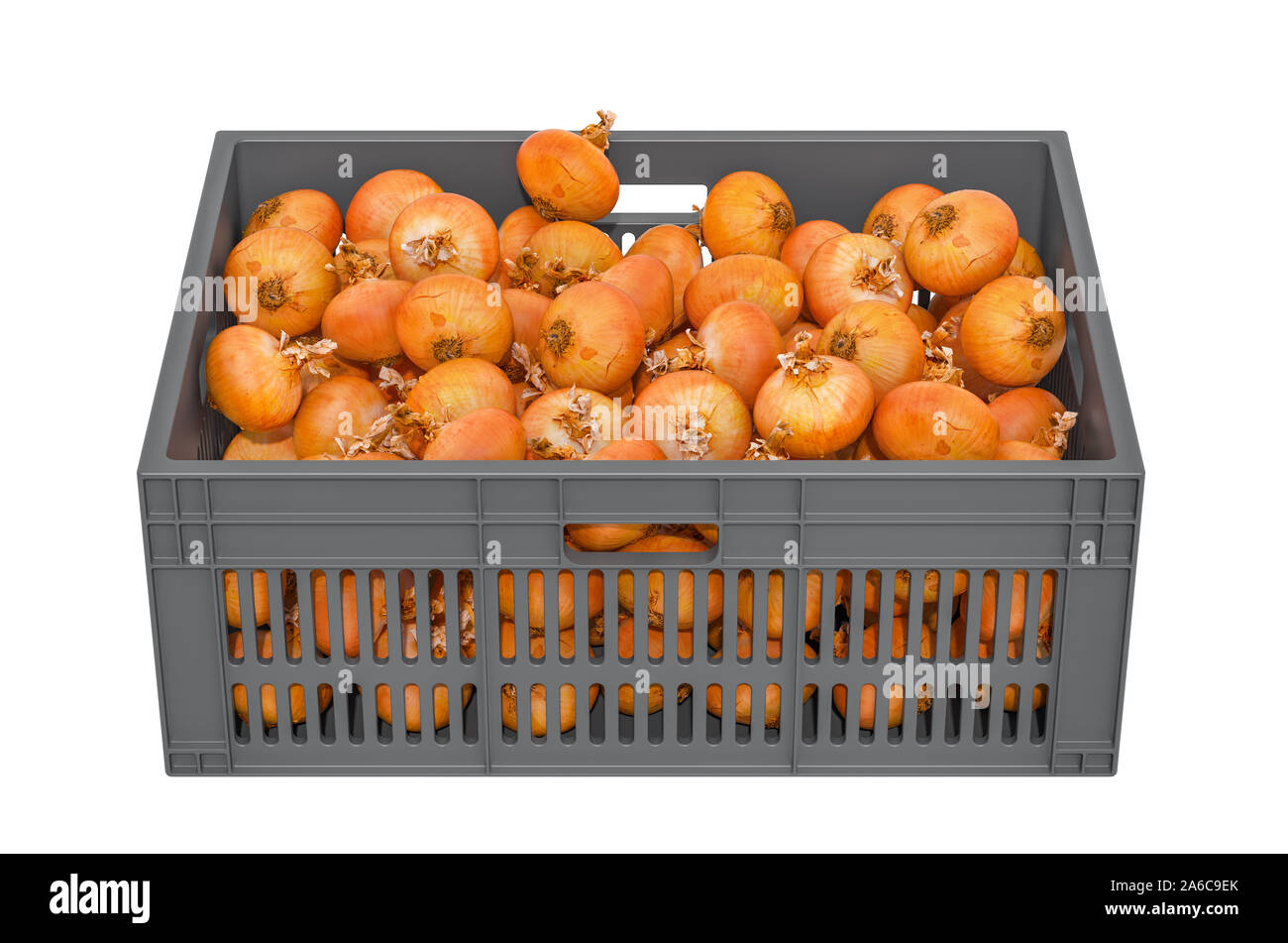 Onions in the plastic crate, 3D rendering isolated on white background ...