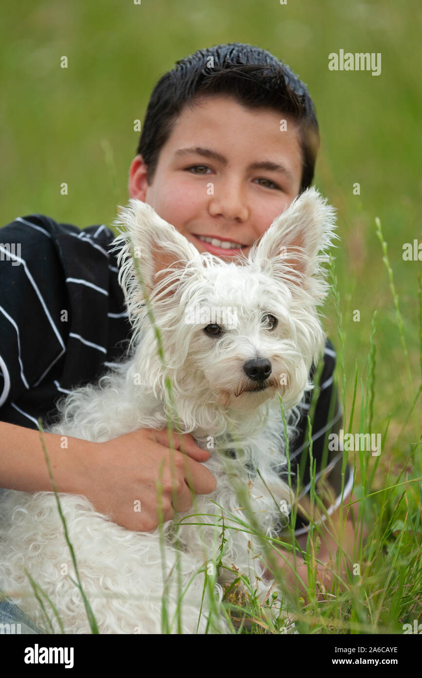 Portrait white boy white dog hi-res stock photography and images - Alamy