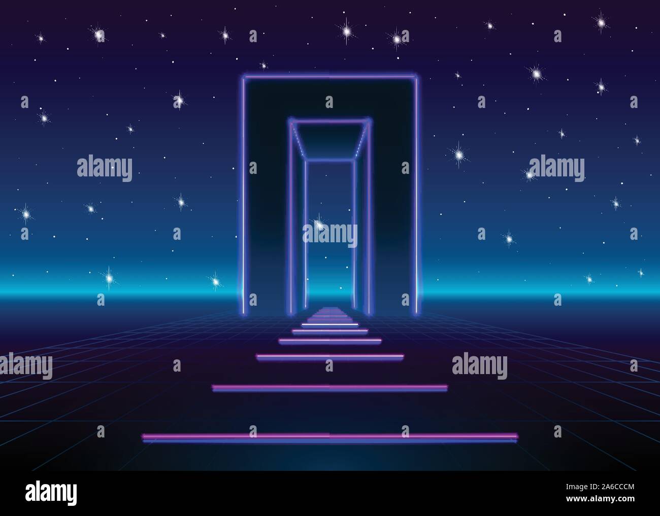 Neon 80s styled massive gate in retro game landscape with shiny road to ...