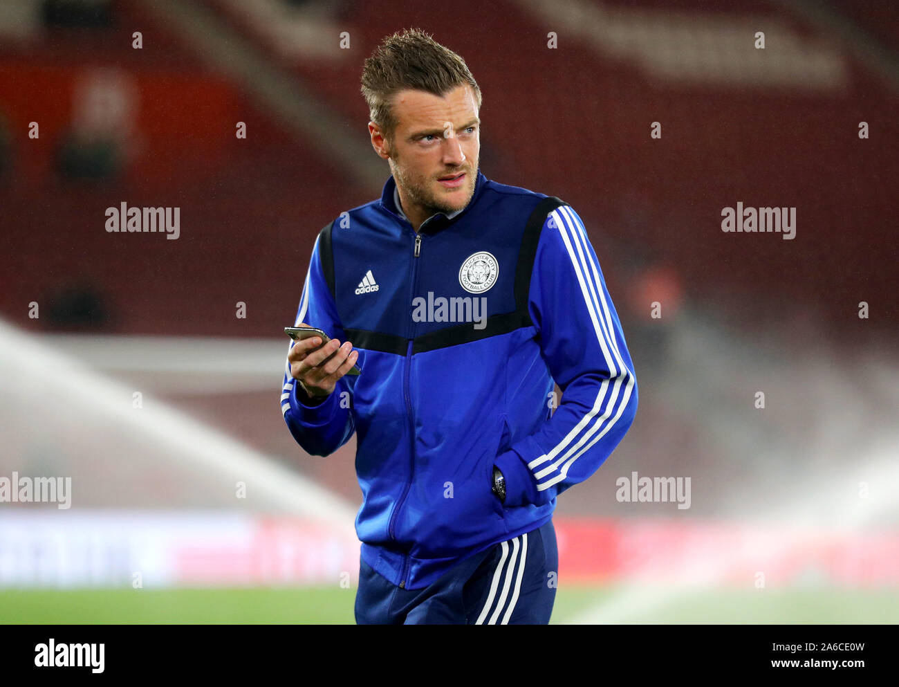 Leicester City's Jamie Vardy checks his phone ahead of the Premier ...