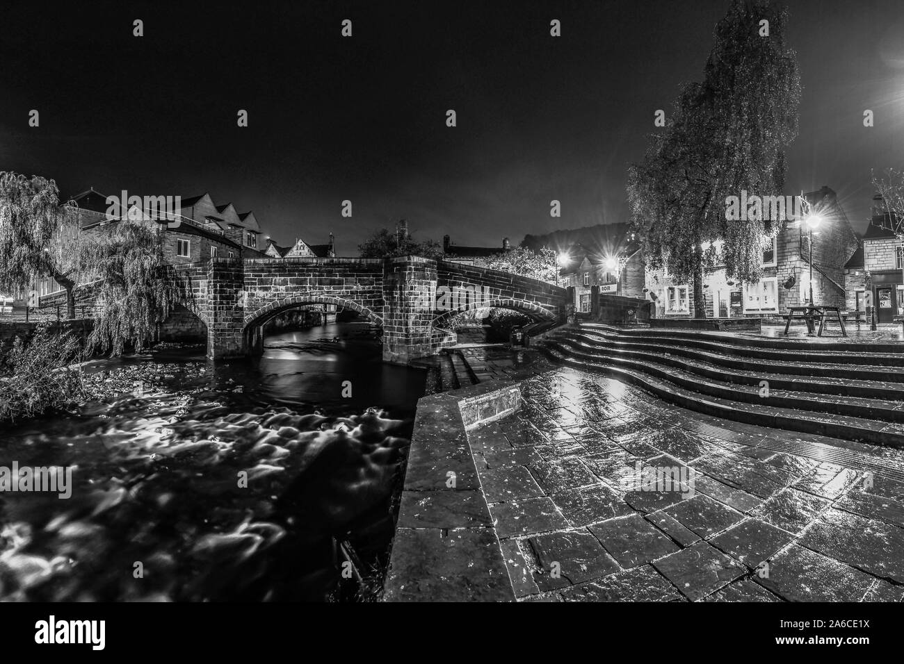 Old Packhorse Bridge and Wavy Steps, Hebden Bridge at night, black and ...