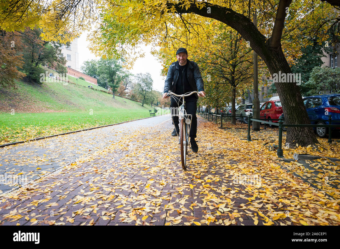 a person riding a bike on a leaf covered bike path in fall/ autumn ...