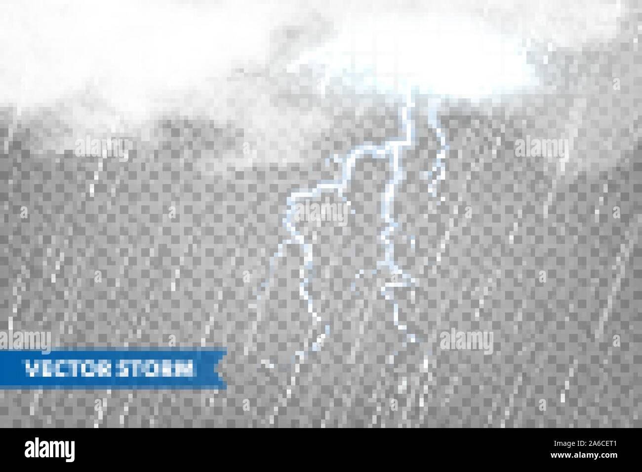 Realistic rain with clouds and lightning on transparent background ...
