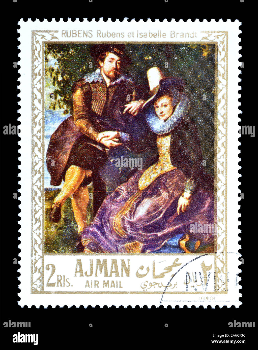 Cancelled postage stamp printed by Ajman state, that shows Painting ...