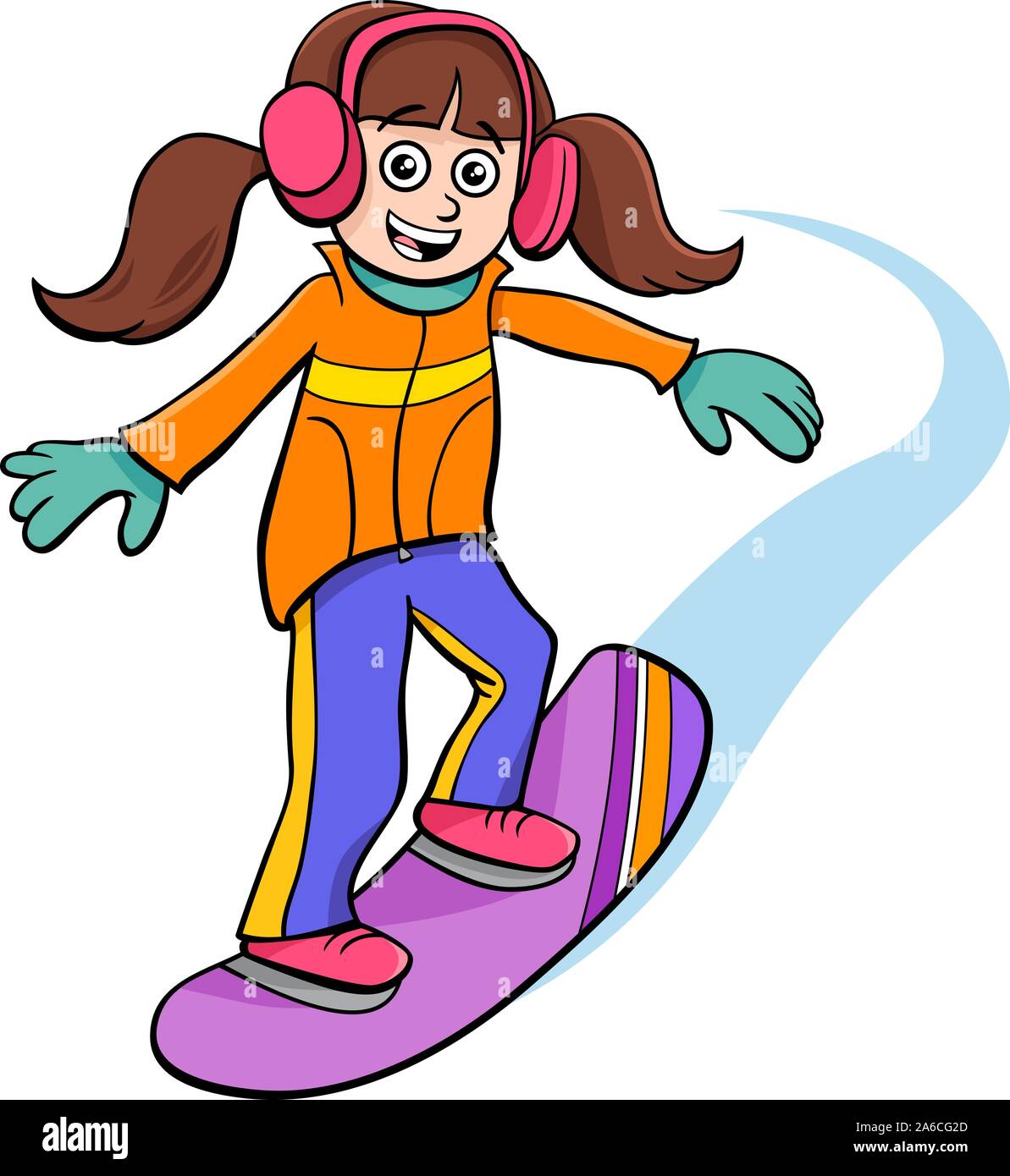 Cartoon Illustrations of Snowboarding Kid or Teen Girl Character on ...