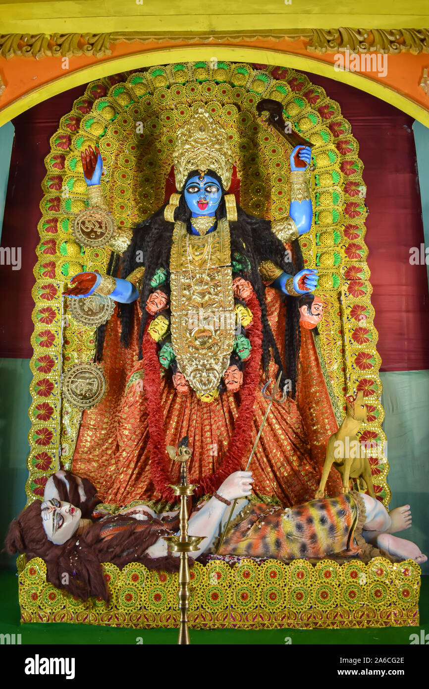 Goddess Kali idol decorated at Puja pandal, Kali puja also known as ...