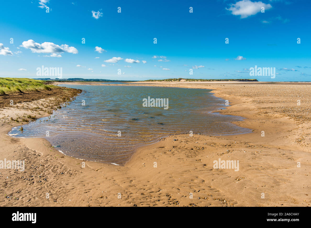 Saltwater pools on Holkham beach looking across the river Burn estuary ...