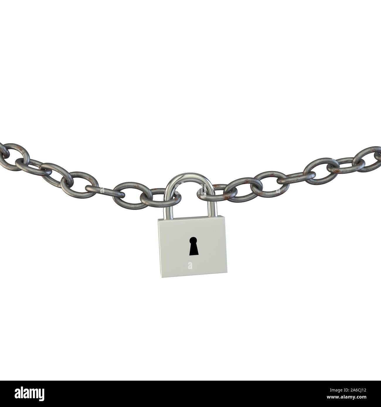 The lock connected two metal chains. White isolated background. 3D ...
