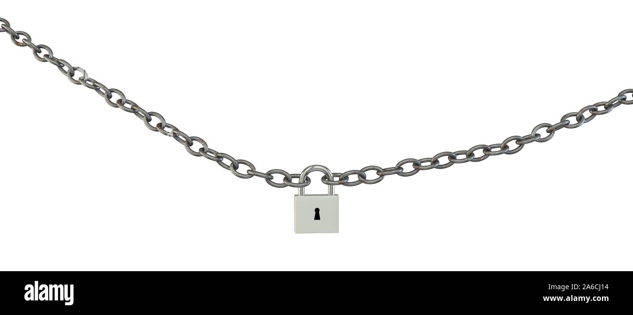 The lock connected two metal chains. White isolated background. 3D ...