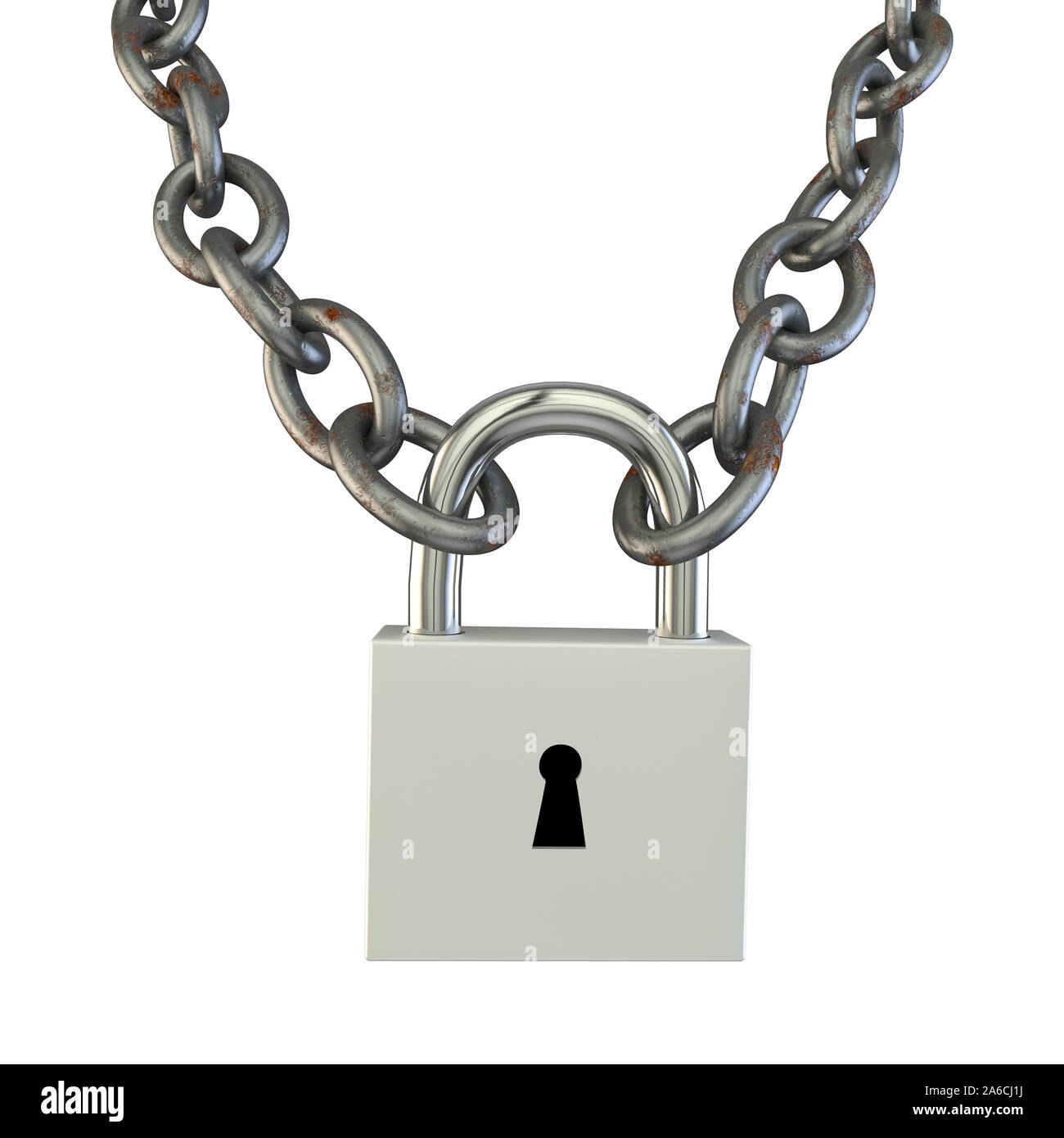 The lock connected two metal chains. White isolated background. 3D ...