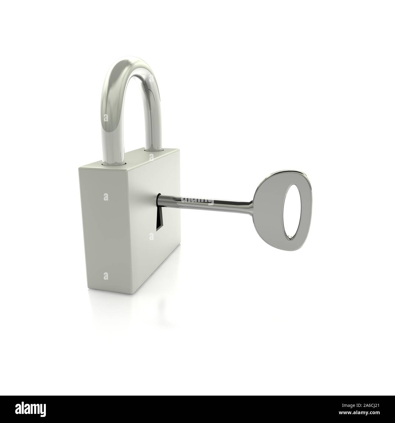 Steel lock with key on reflective floor. Isolated on white background ...