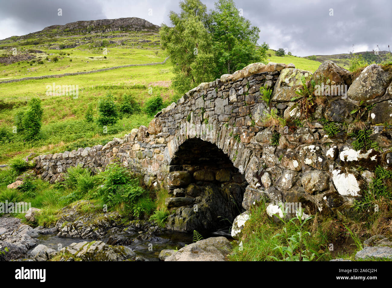 Barrow Beck river at historic stone packhorse bridge Ashness Bridge ...