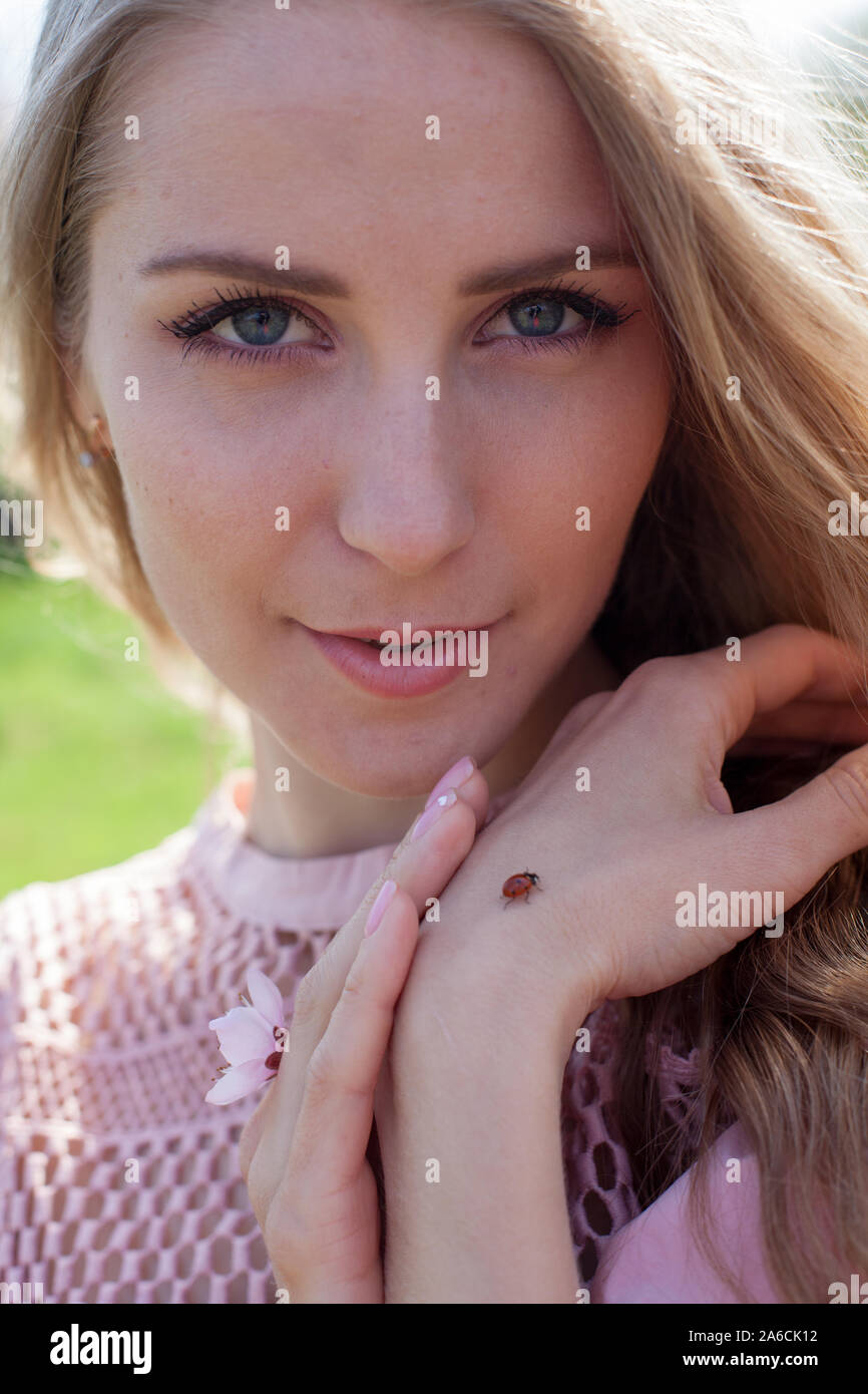 ladybug on a woman's hand Ladybird insects Stock Photo - Alamy
