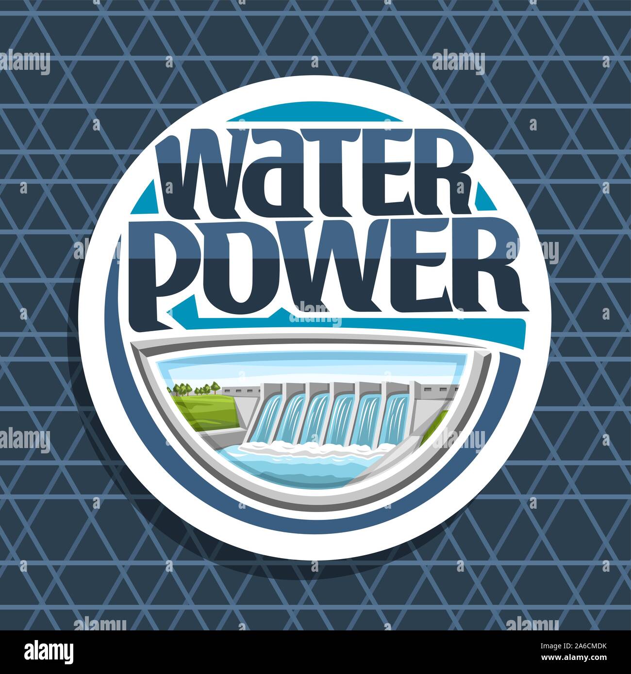 Vector logo for Water Power, white round tag with small hydroelectric ...