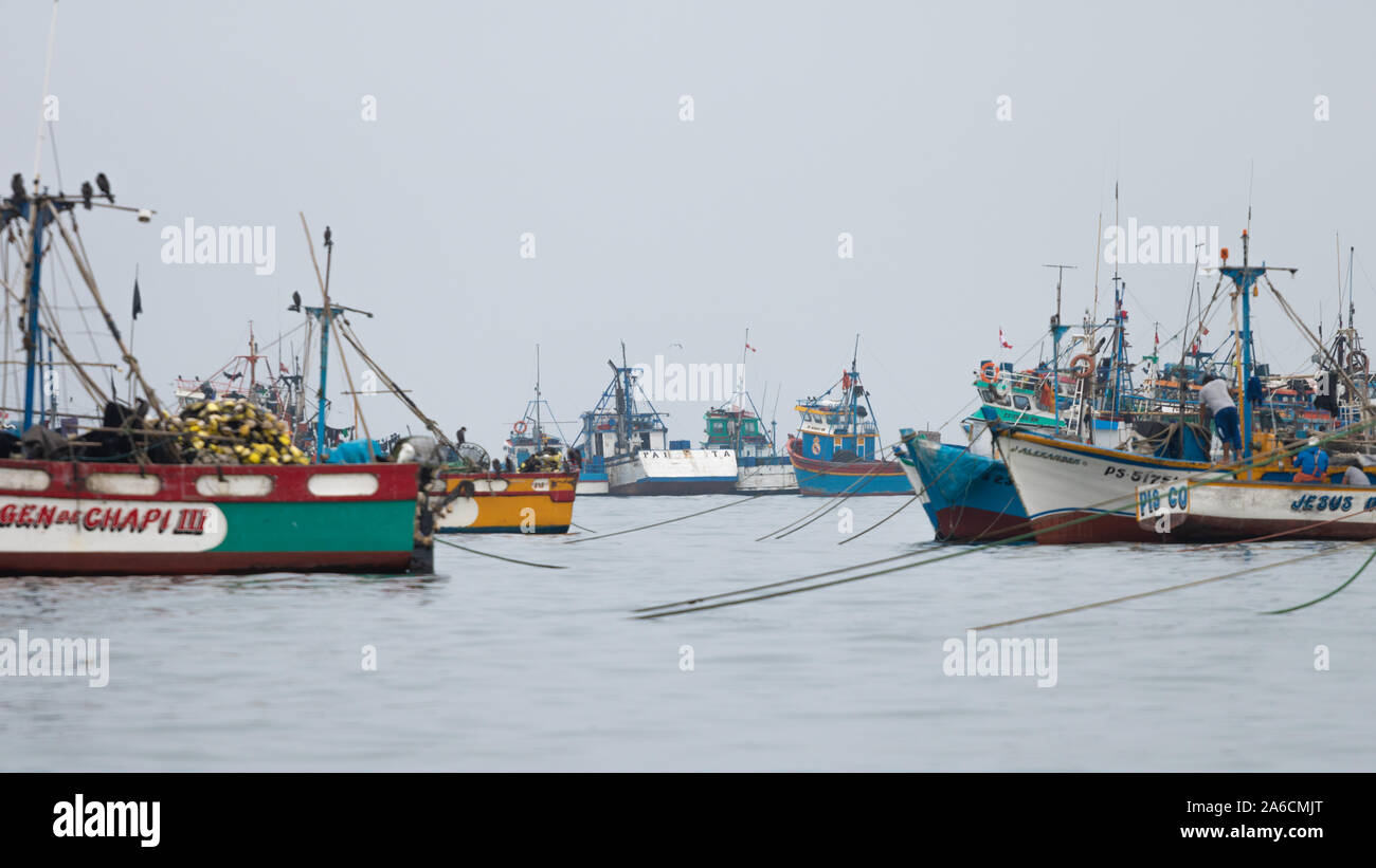 Fishing boats in the coastal city of Paracas in southern Peru Stock ...