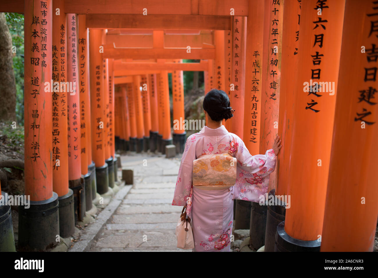 Young Asian Lady in Kimono walking along the inari in Fushimi Inari ...