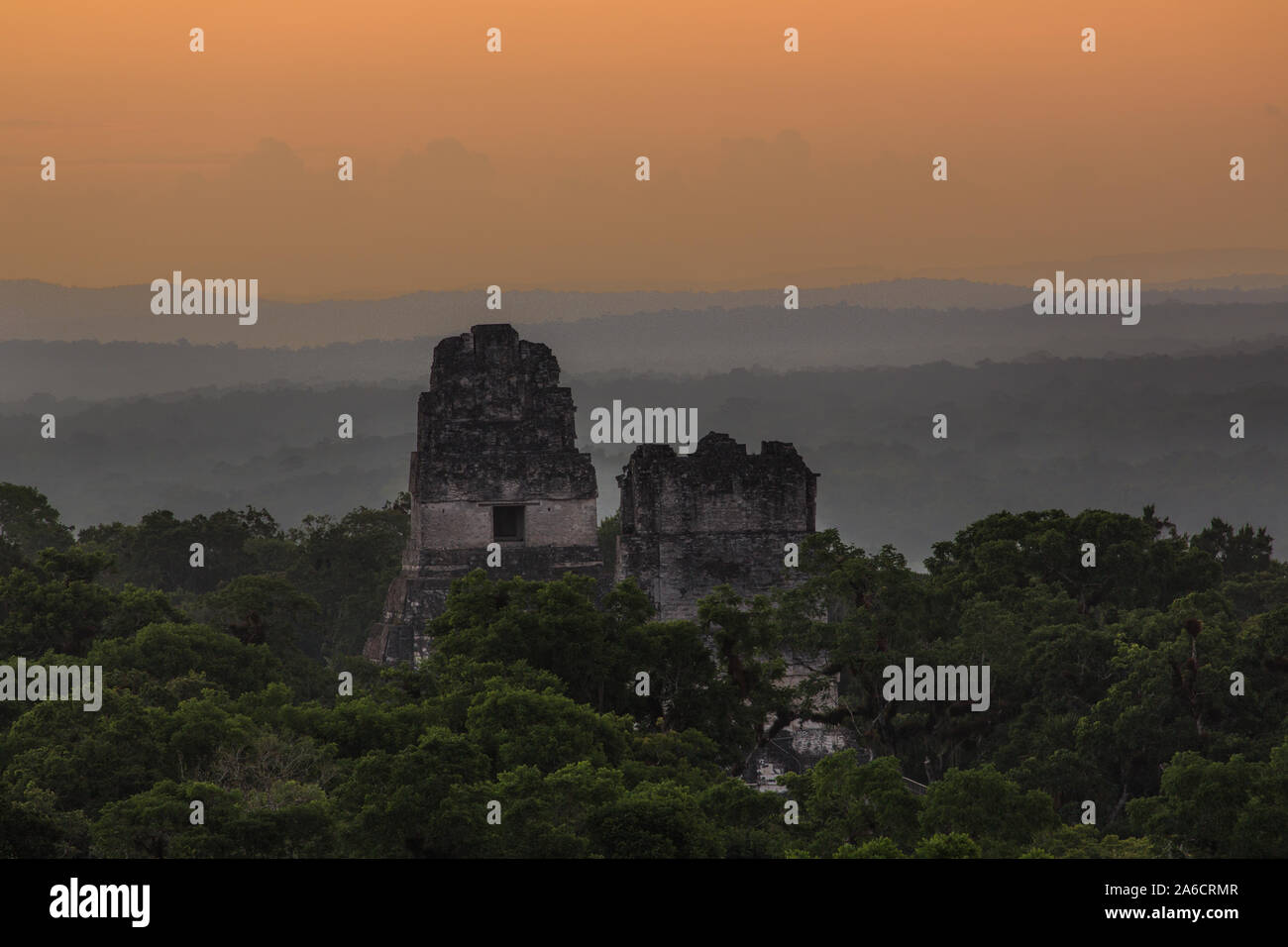 Predawn view of Temples I and II from Temple IV in the Mayan ...