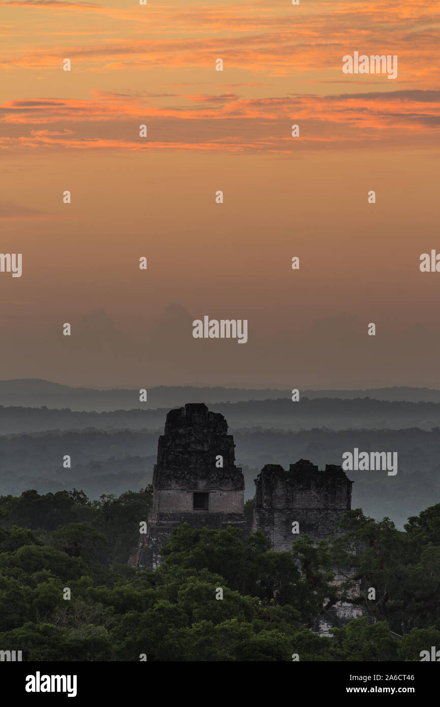 Predawn view of Temples I and II from Temple IV in the Mayan ...