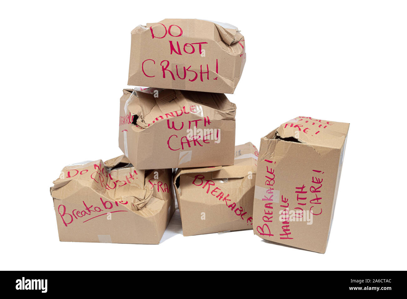 Horizontal shot of Five Fragile Boxes Crushed In Shipping Isolated On ...