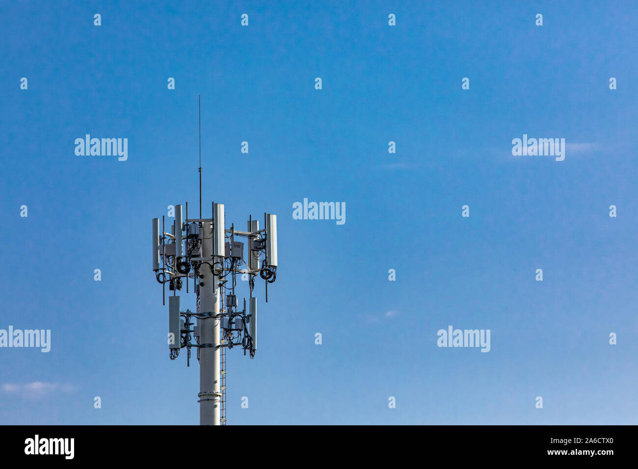 A close up view on the top of a cell site pole, used for the ...