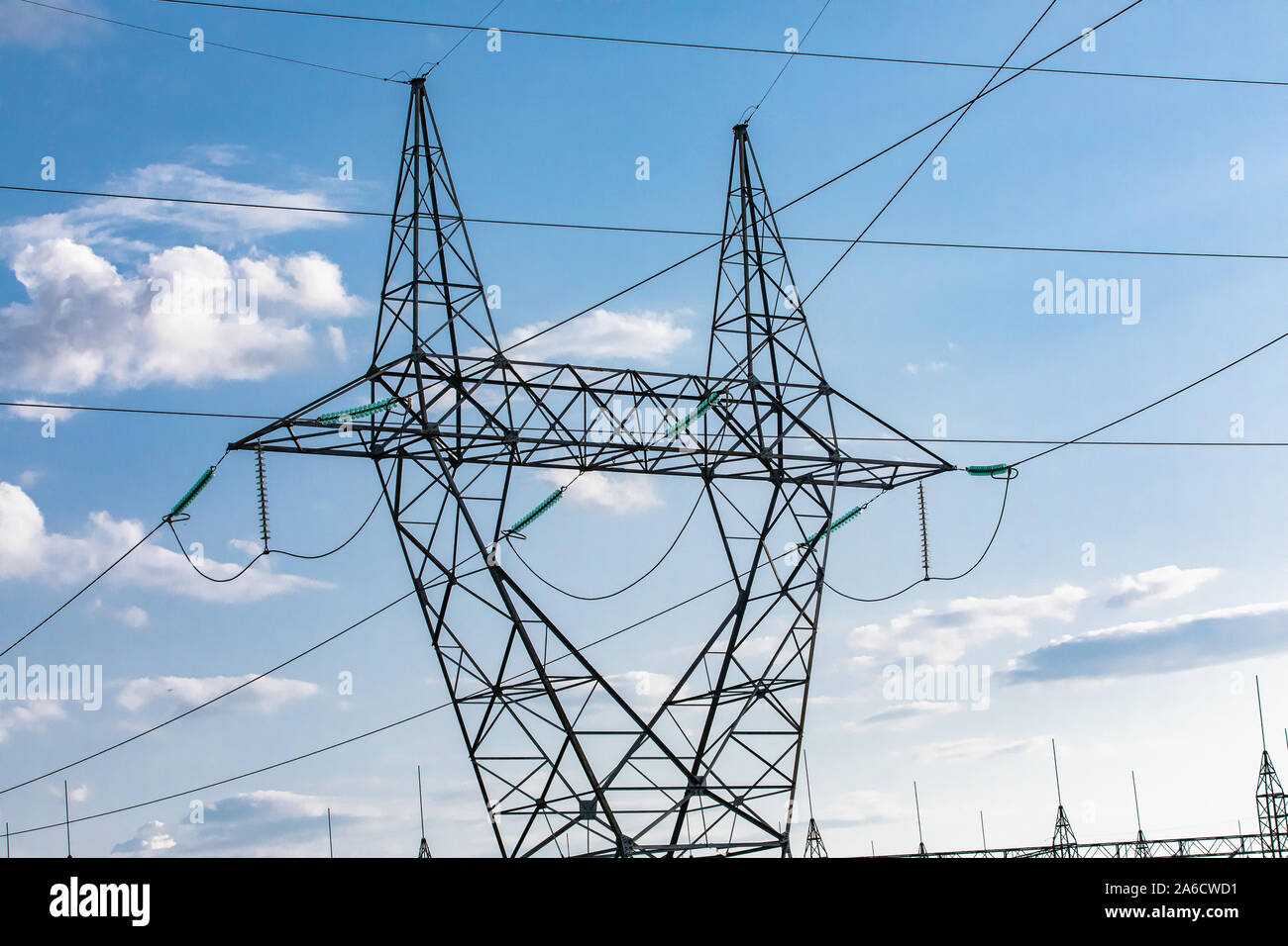 A low angle view of a steel lattice transmission tower, tall structure ...