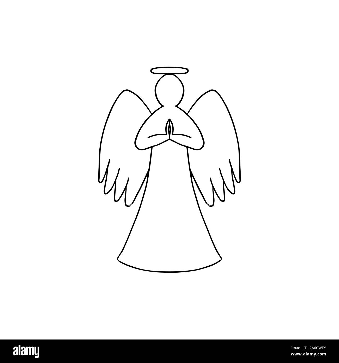 Vector illustration of black contour of angel with wings on white ...