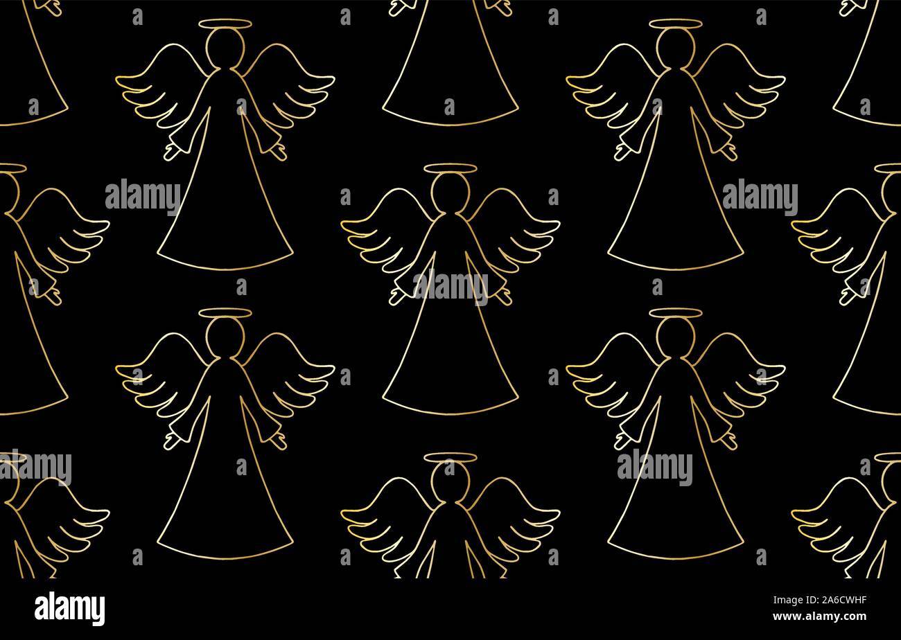 Vector seamless pattern of golden contour of angels on black background ...