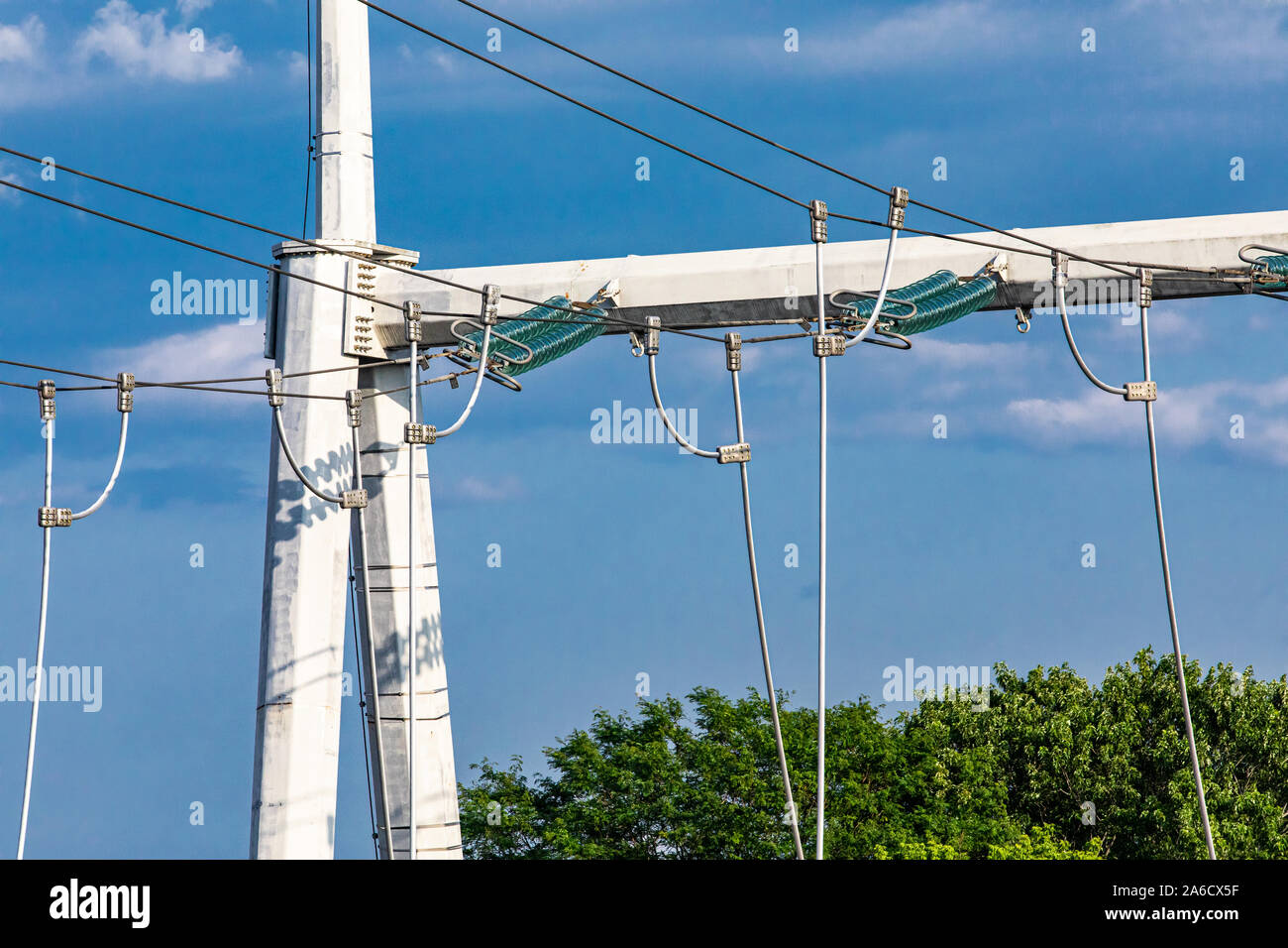 A close up view on a section of an electric pylon with medium volt ...