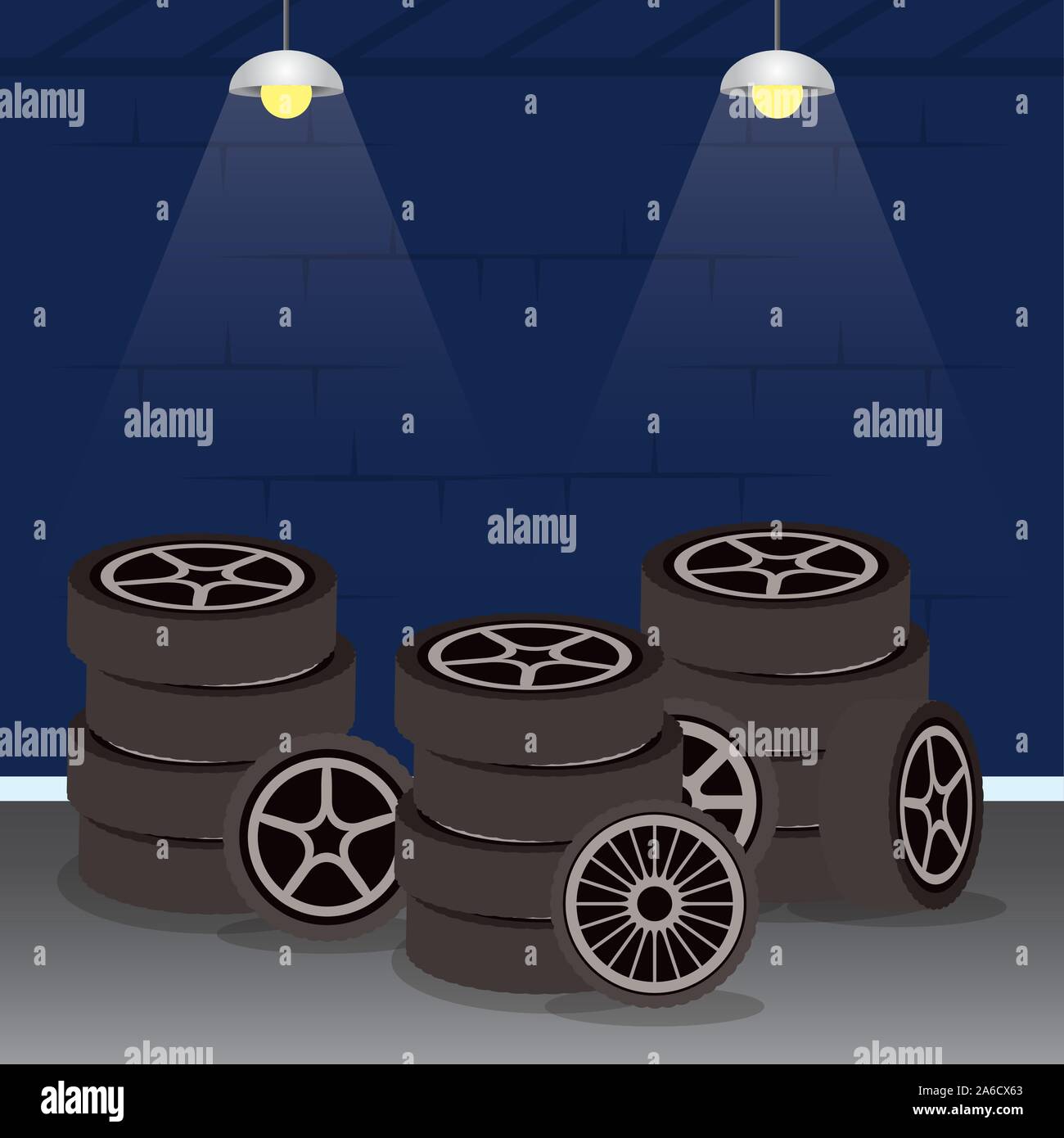 mechanical workshop with car tyres wheels scene Stock Vector Image ...