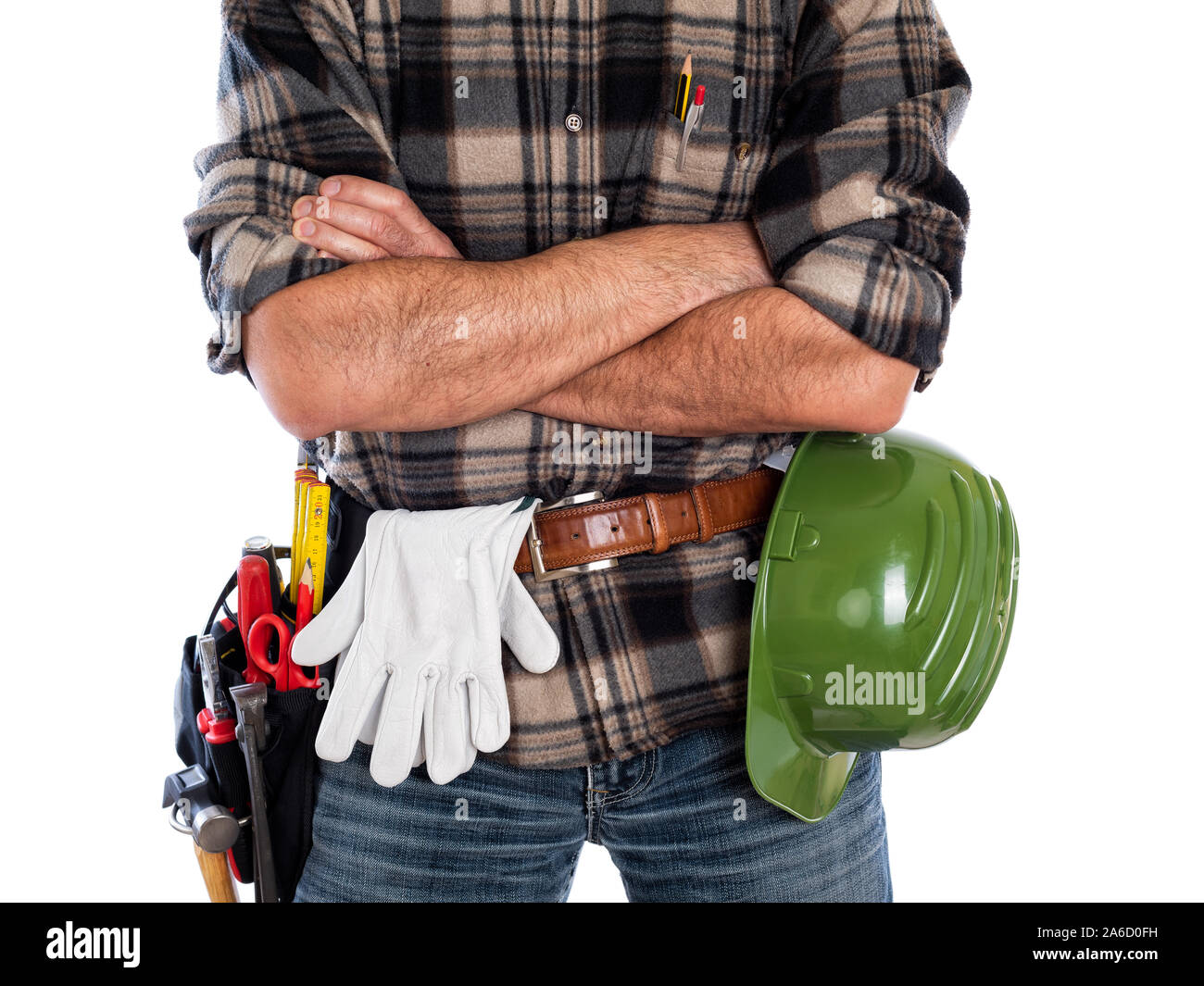 Adult craftsman carpenter isolated on white background with arms ...