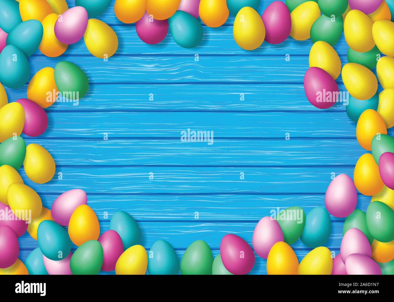Easter frame with shiny colorful happy eggs spread over wooden ...