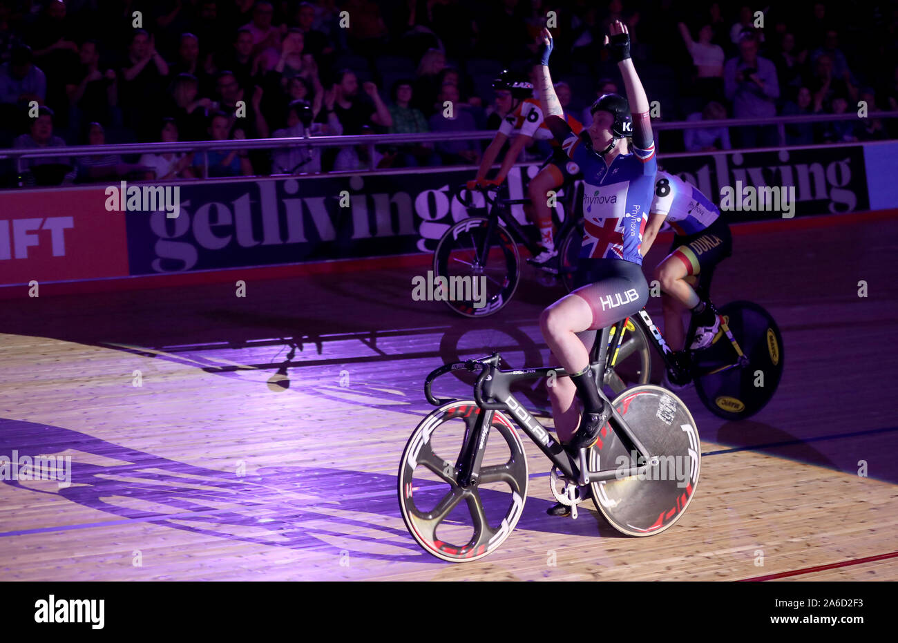 Great Britain’s Katie Archibald celebrates after winning the 20km ...