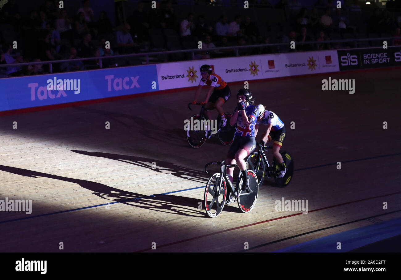 Great Britain’s Katie Archibald celebrates after winning the 20km ...