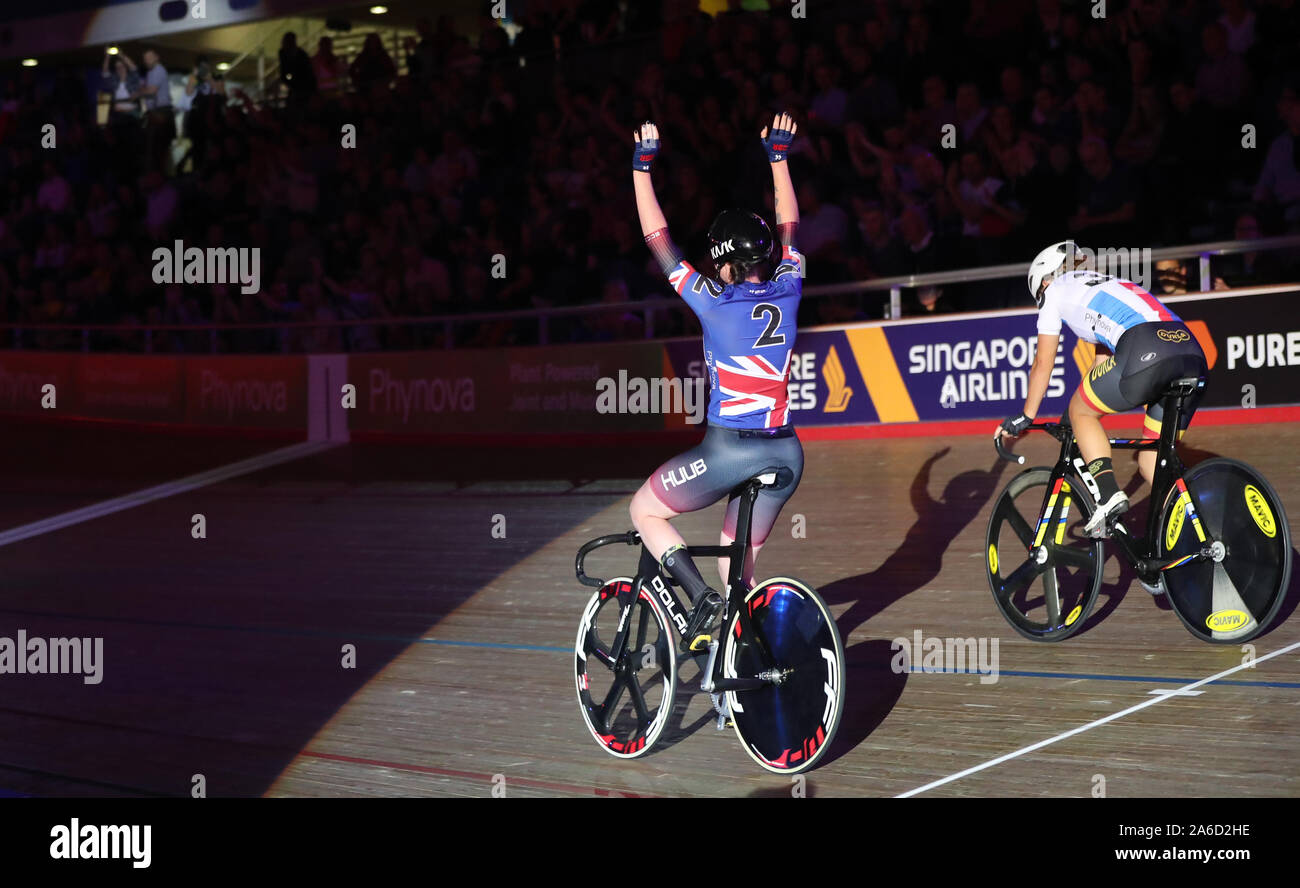Great Britain’s Katie Archibald celebrates after winning the 20km ...