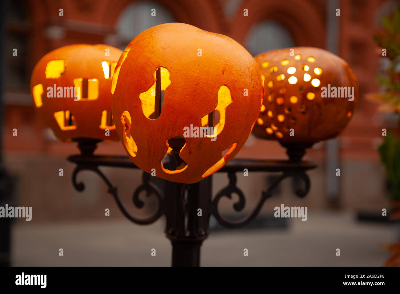 beautiful carved pumpkins put on a light bulb create a Halloween ...