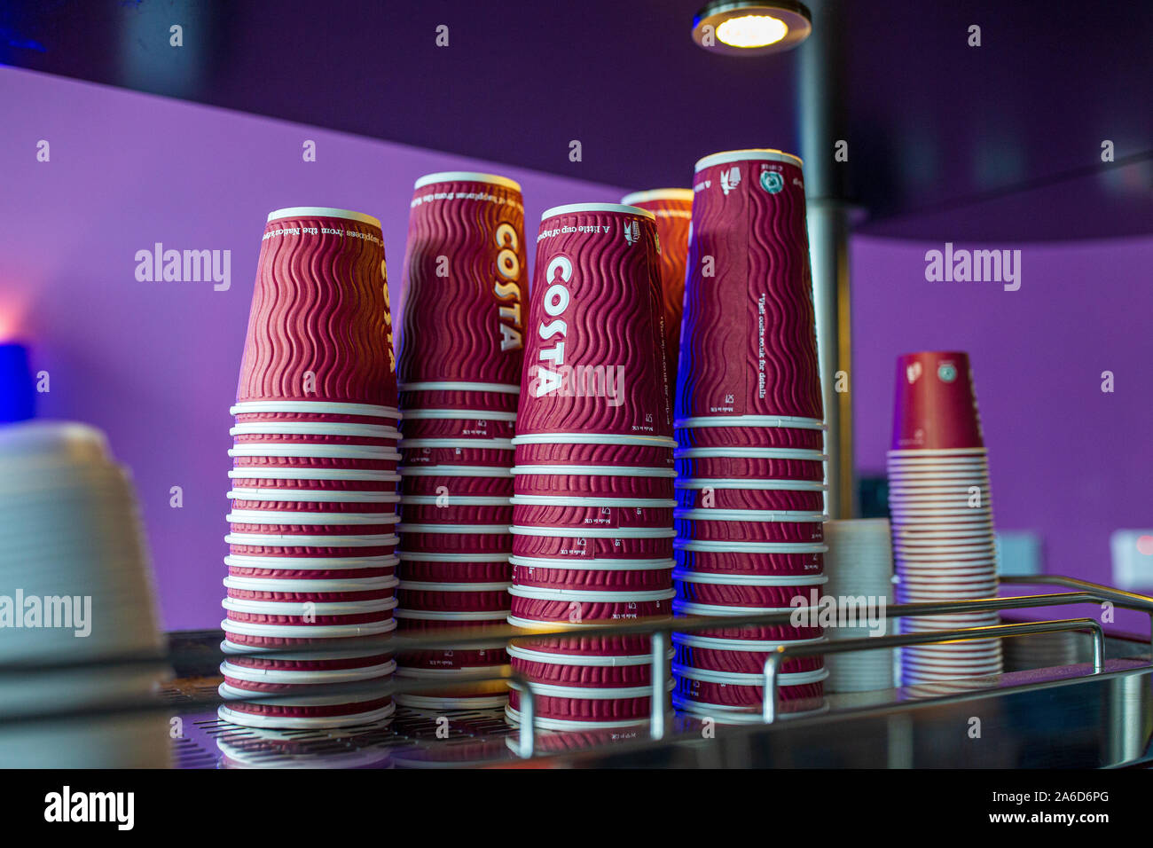 Stacked up Costa Coffee branded take away not recyclable cups Stock ...