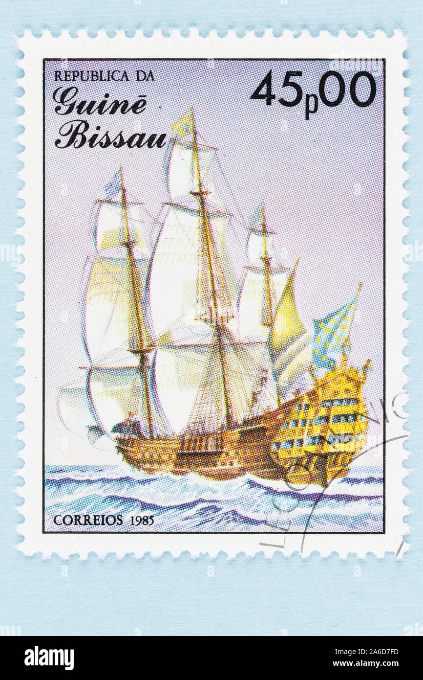 45p postage stamp from Guine Bissau featuring 17th century French Tall ...