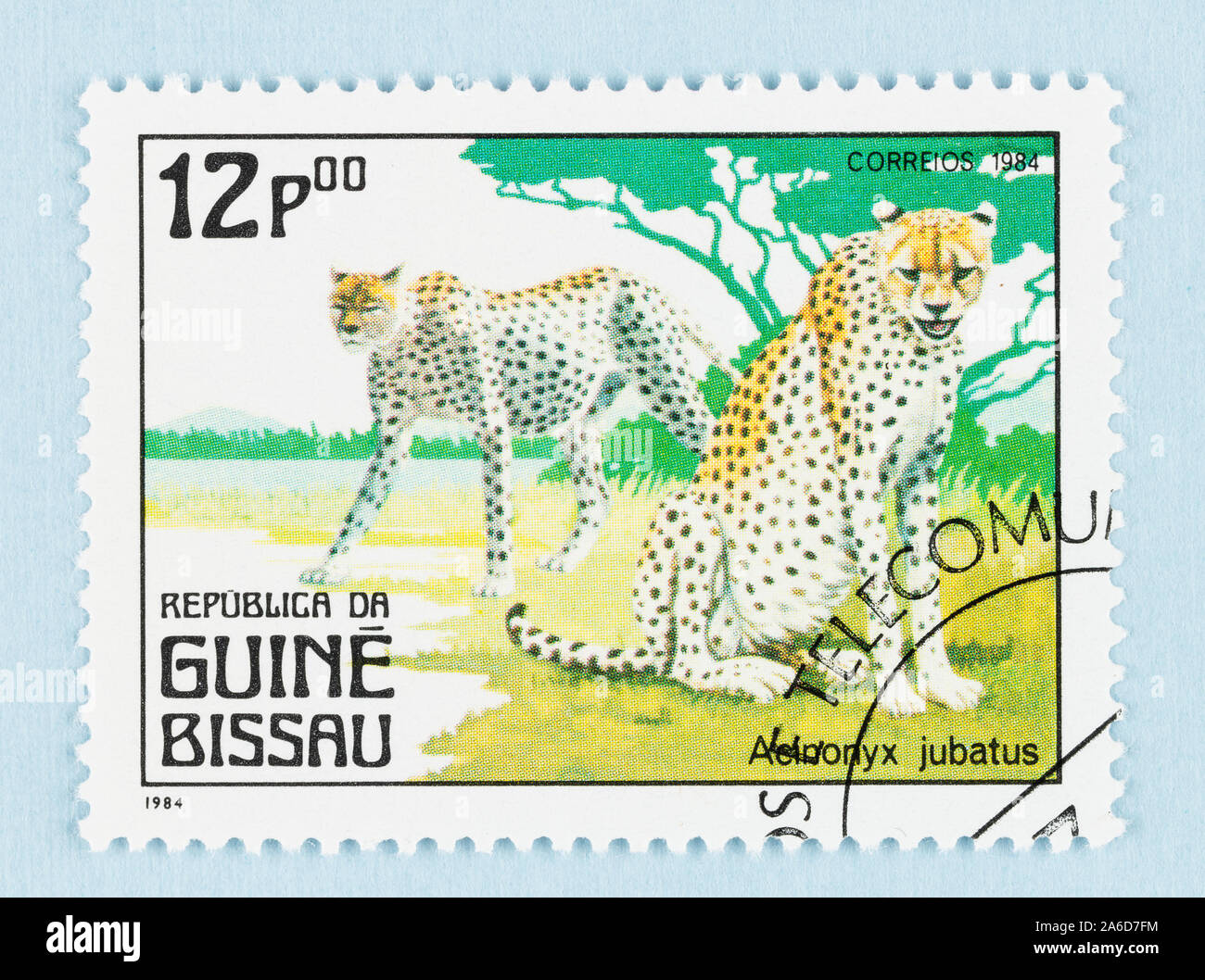 Close up of a commemorative postage stamp from Guinea Bissau, featuring ...
