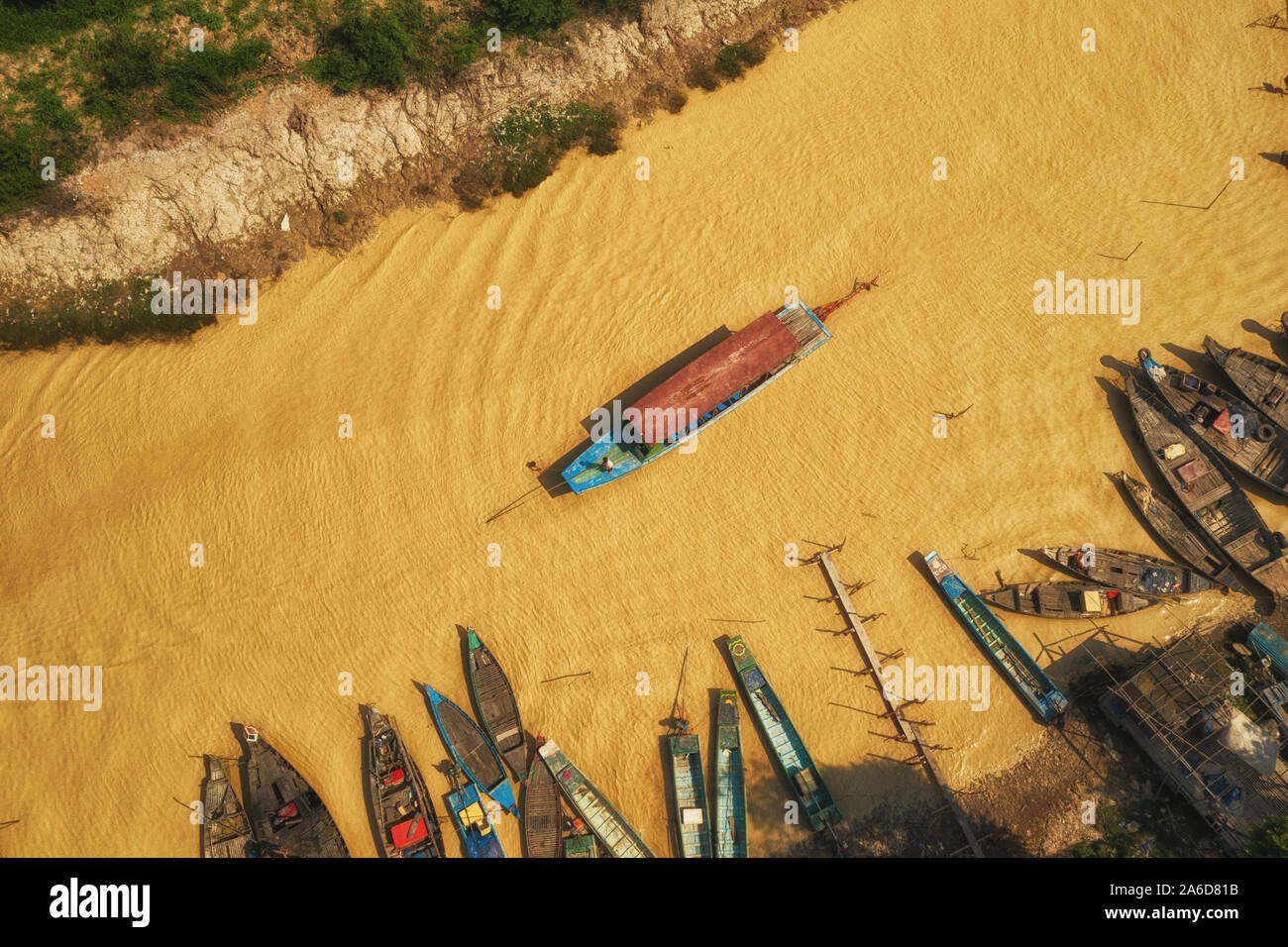 Boats on the river in Floating Village on the river in Cambodia, Pean ...