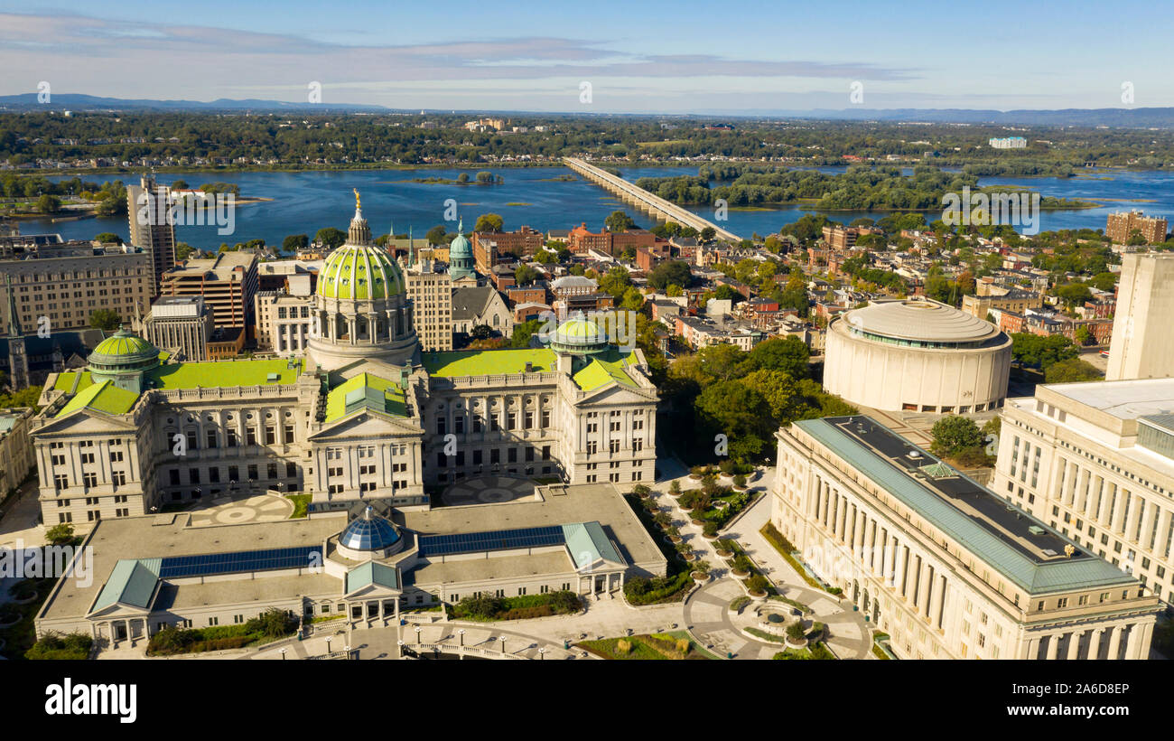 Afternoon light hits the buildings and downtown city center area in ...
