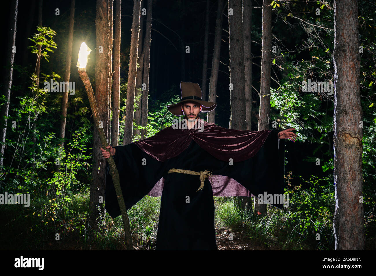 Wizard costume wearing guy with wooden staff standing between trees for ...
